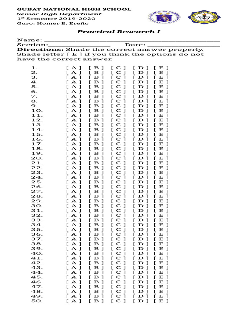 Practical Research I Assessment Form | PDF | Teaching Methods & Materials