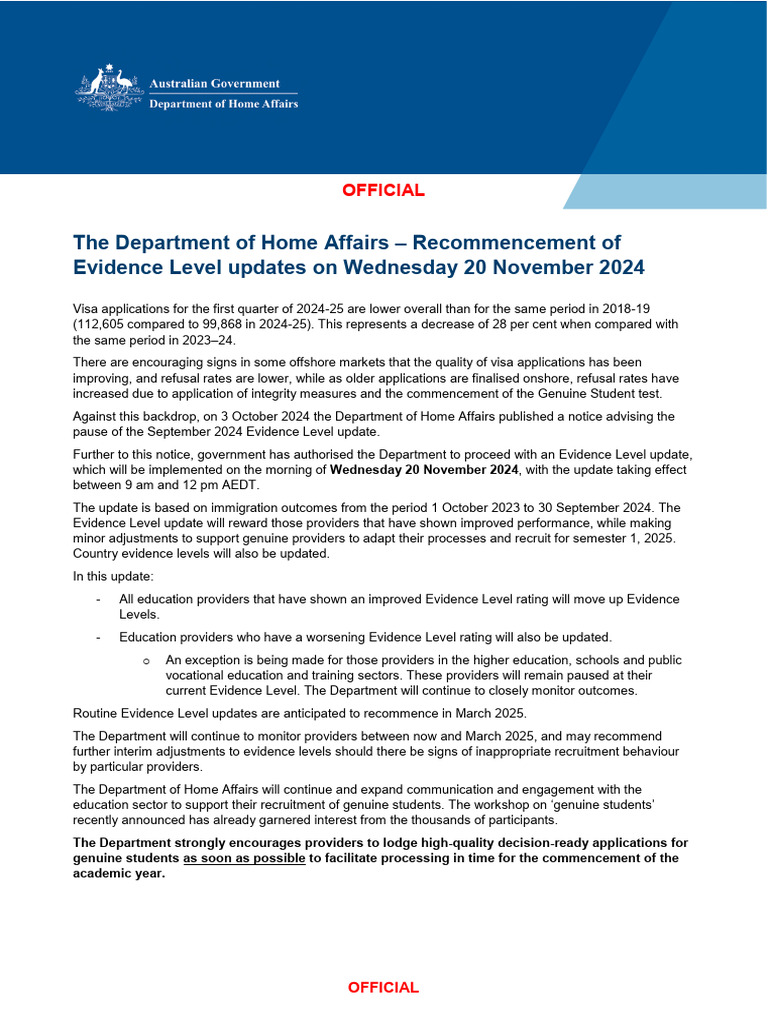 Announcement - Evidence Level Recommencement | PDF | Travel Visa