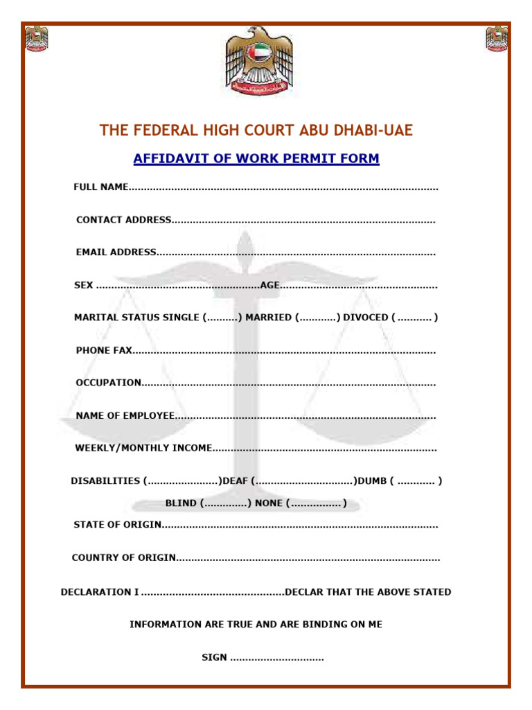 Affidavit of Work Permit Application Form | PDF