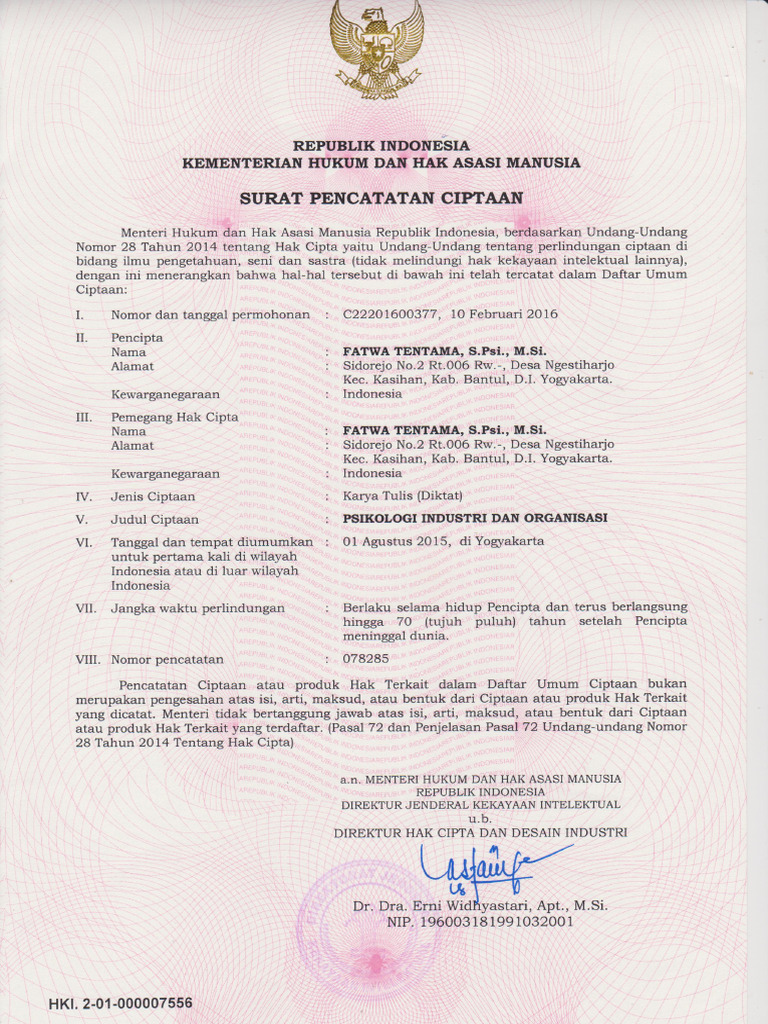 Sertifikat HKI-Hak Cipta Diktat PIO | PDF