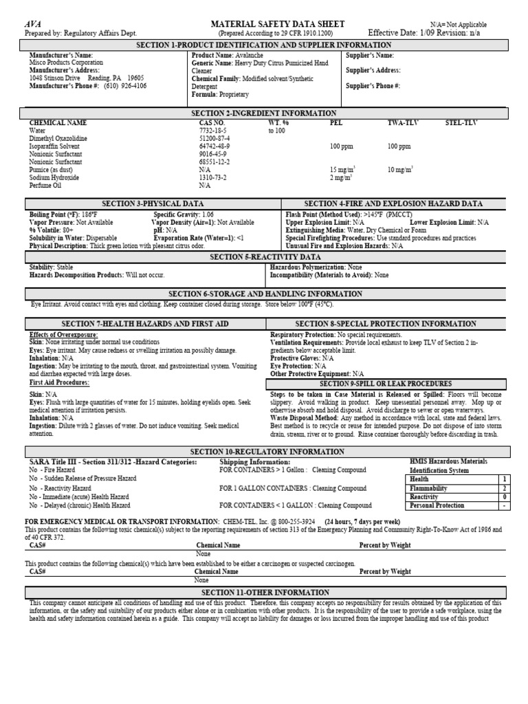 Material Safety Data Sheet: Prepared By: Regulatory Affairs Dept | PDF ...