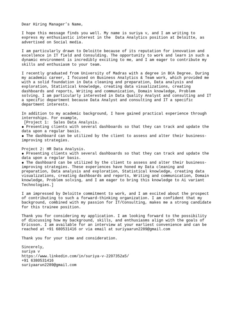 suriya v ,Cover letter | PDF | Data Analysis | Analytics suriya v ,Cover letter | PDF | Data Analysis | Analytics