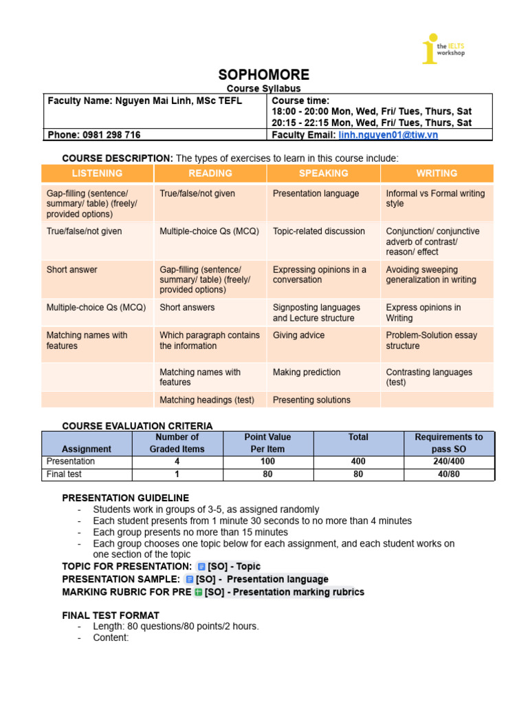Sophomore Syllabus - Offline | PDF | Multiple Choice | Vocabulary