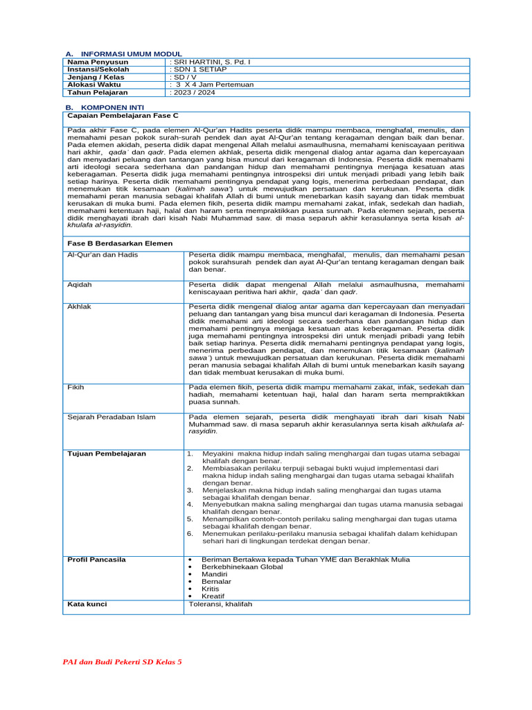 Modul Ajar PAI Kelas 5 - BAB 3 | PDF | Karier & Perkembangan