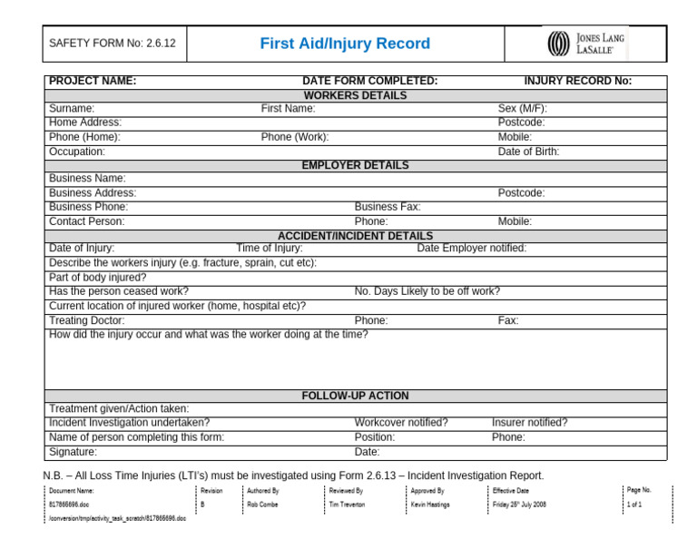 First Aid Injury Record Form Template | PDF