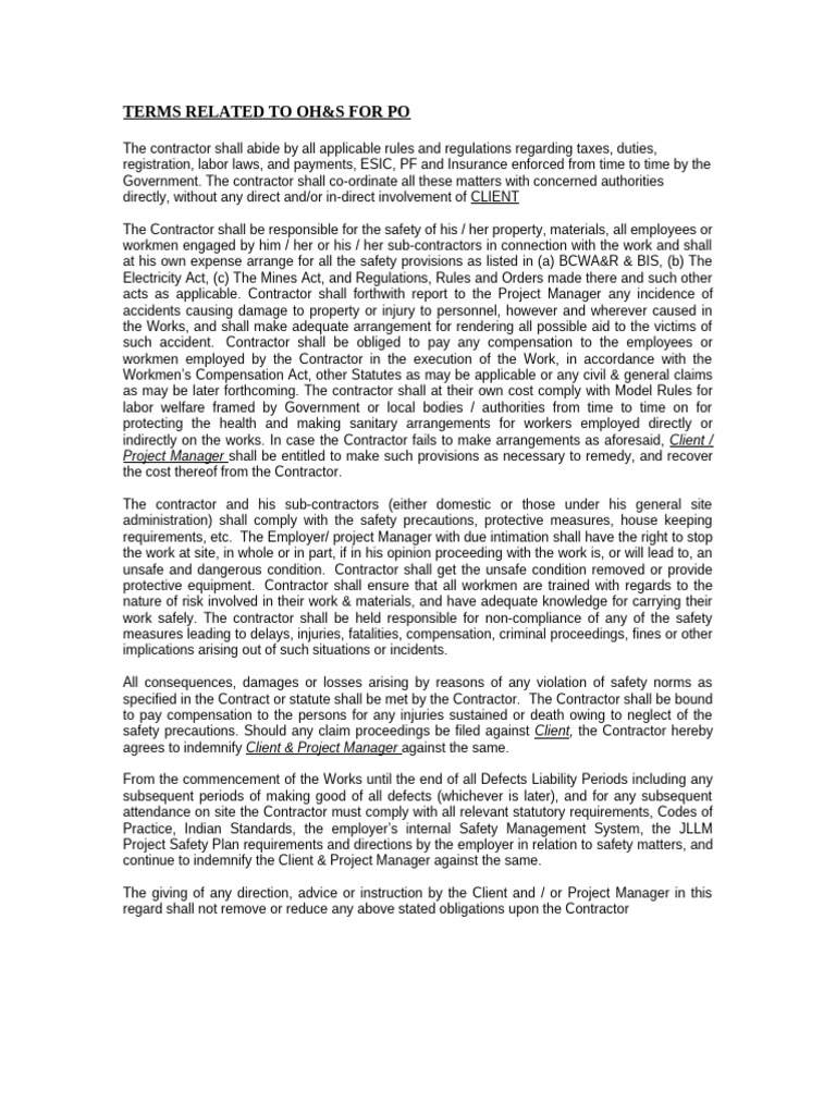 Safety Clause To Be Inserted in All PO's & WO's | PDF | Safety | Employment