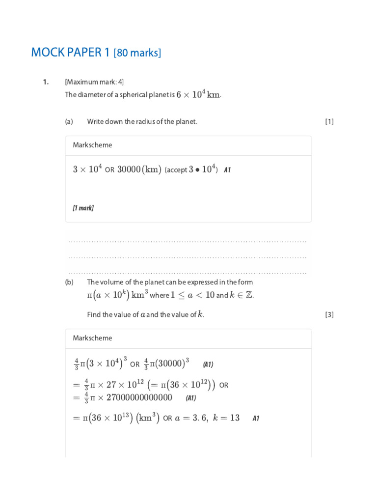 MOCK PAPER 1 Marking Scheme November Exam AASL | PDF | Circle | Mathematics