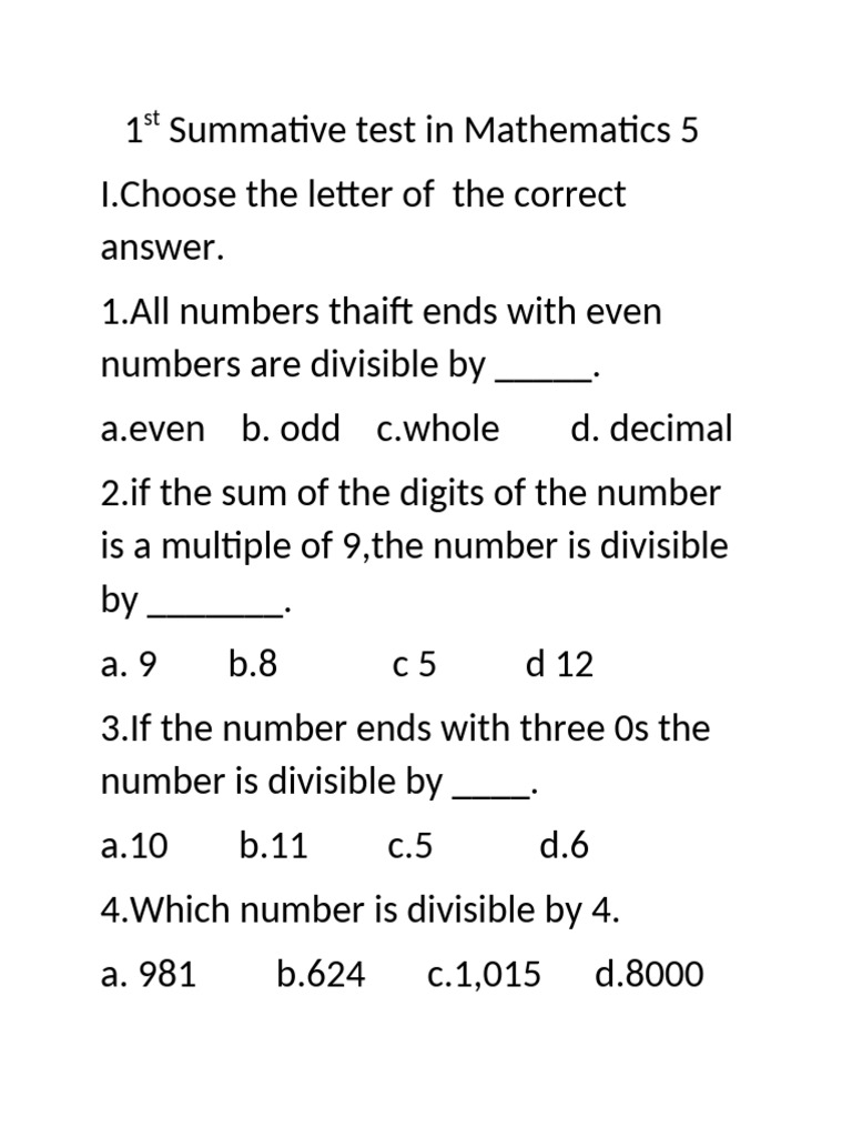 1st Summative Test in Mathematics 5 | PDF