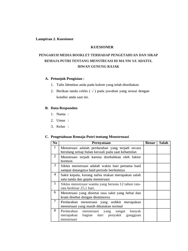 Kuesioner Uji Validitas | PDF