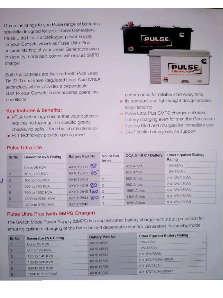 Cummins Battery Rating According To KVA PDF | PDF