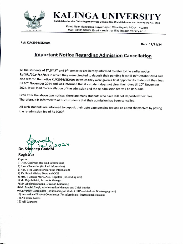 Admission Cancellation and Fee Refund Notice | PDF