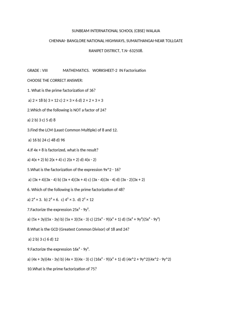 Grade-8 Worksheet-2 Factorisation | PDF | Quadratic Equation | Abstract ...