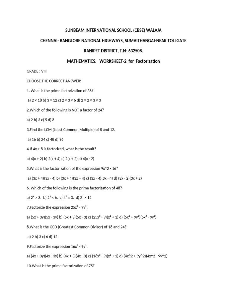 Grade-8 Worksheet-2 Factorisation | PDF | Quadratic Equation ...