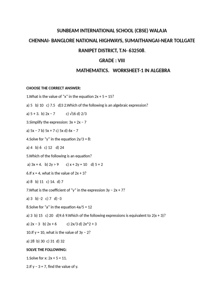Grade VIII Algebra Worksheet 1 | PDF | Equations | Numbers