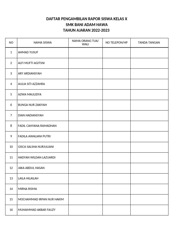 Daftar Pengambilan Rapot | PDF