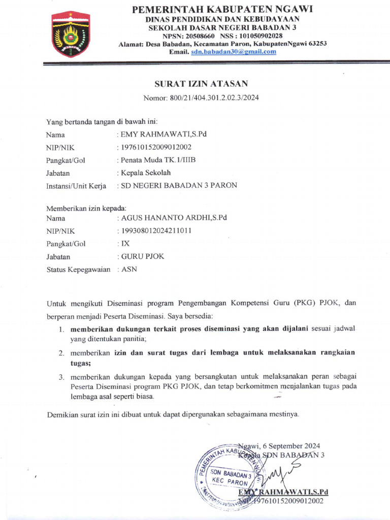 Template Surat Izin Atasan - Peserta Diseminasi PKG JOK AGUS HANANTO ...