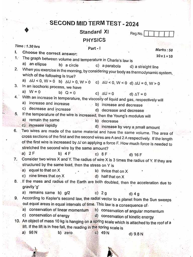 11th Physics 2nd Mid Term Exam 2024 Original Question Paper Cuddalore