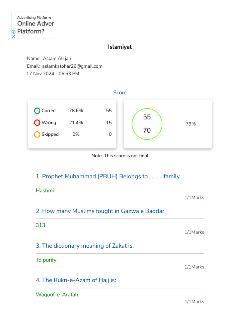 Islamiyat Quiz Results and Insights | PDF | Muhammad | Quran