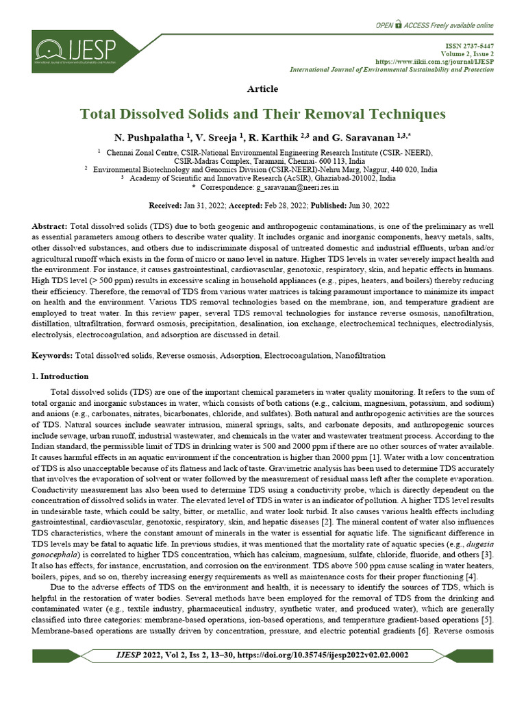 Total Dissolved Solids and Their Removal Technique | PDF | Membrane ...