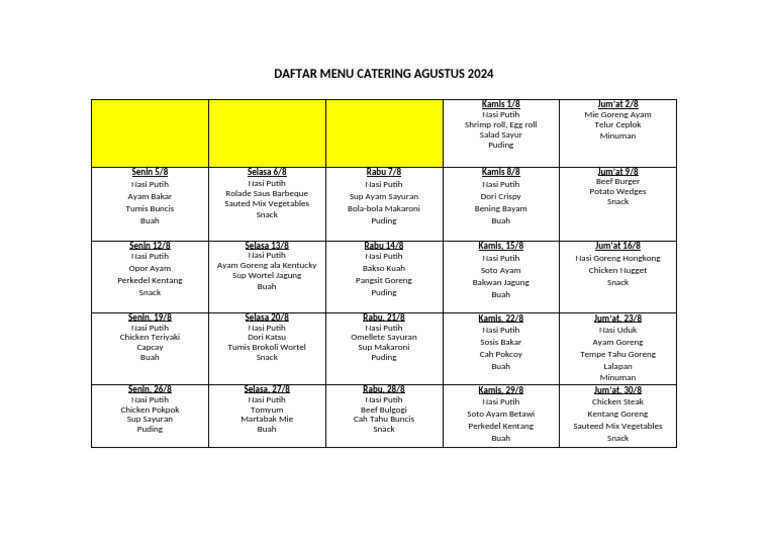 Daftar Menu Catering Agustus 2024 | PDF