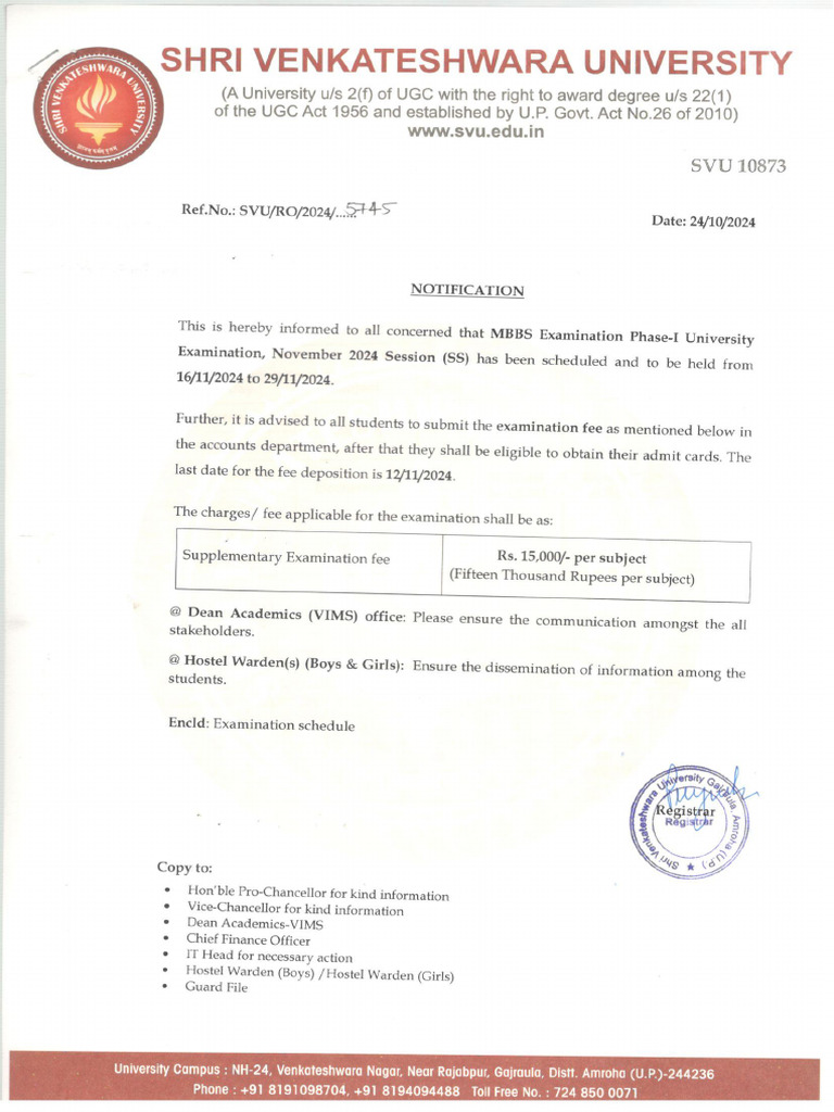 MBBS Phase-I, Nov-2024 Session, Exam Notice & Schedule (SS) | PDF