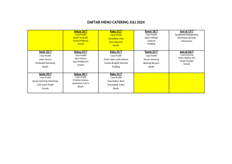 Daftar Menu Catering Juli 2024 | PDF