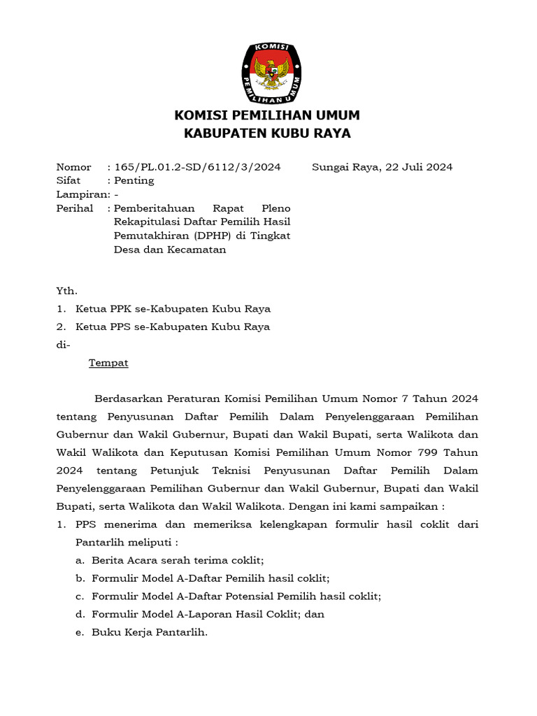 Surat Pemberitahuan Pleno PPK & PPS | PDF
