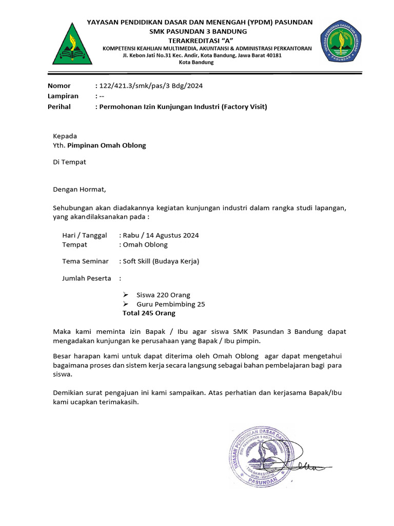 Surat Permohonan SMK Pasundan 3 BDG Ke Omah Oblong | PDF