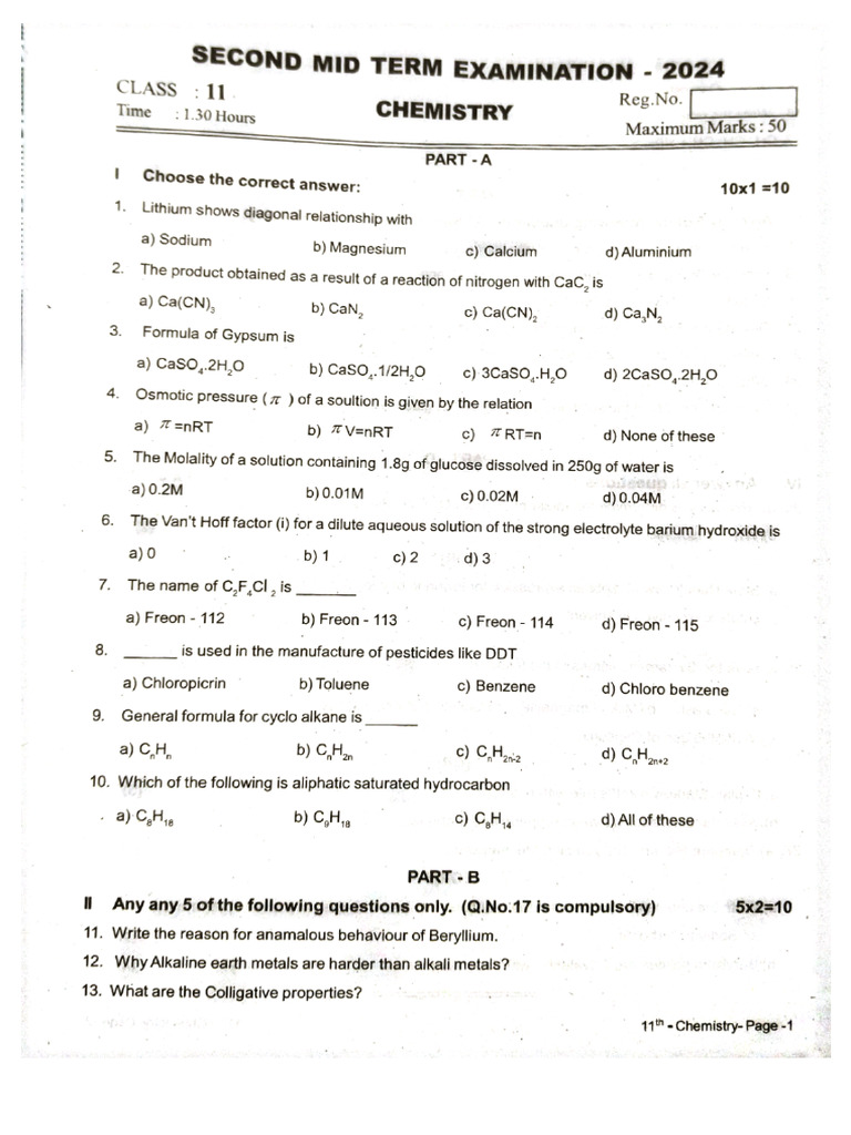 11th Chemistry 2nd Mid Term Exam 2024 Original Question Paper Dindigul ...