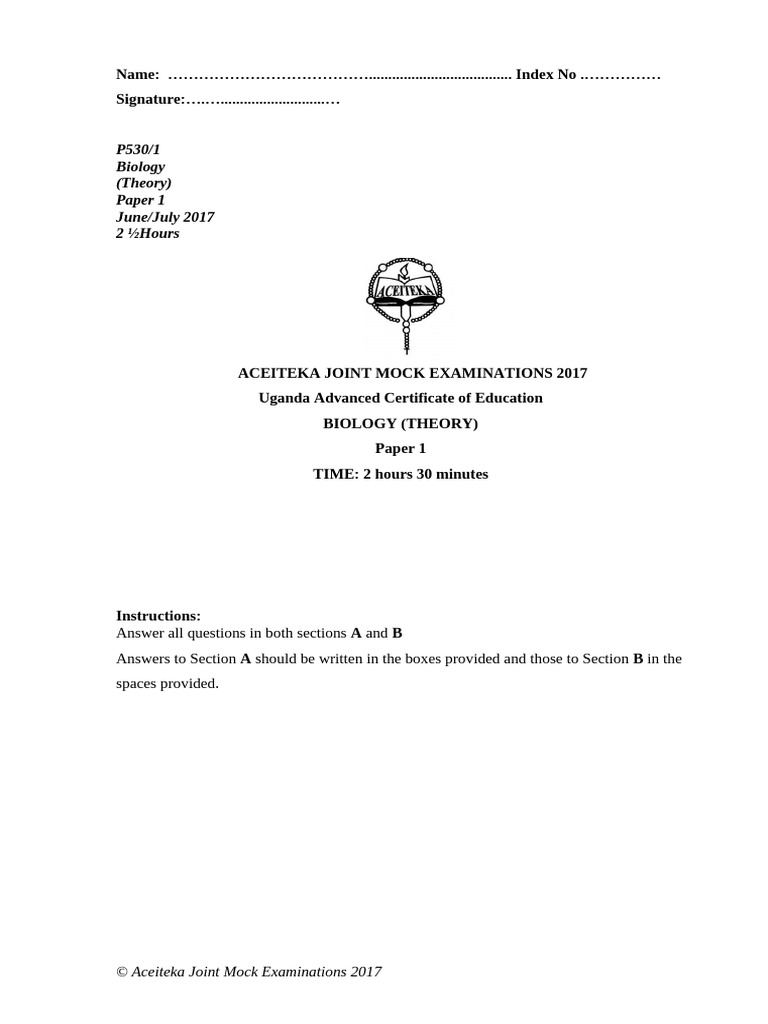 S6 Aceiteka 2017 Biology P1 | PDF | Anatomy