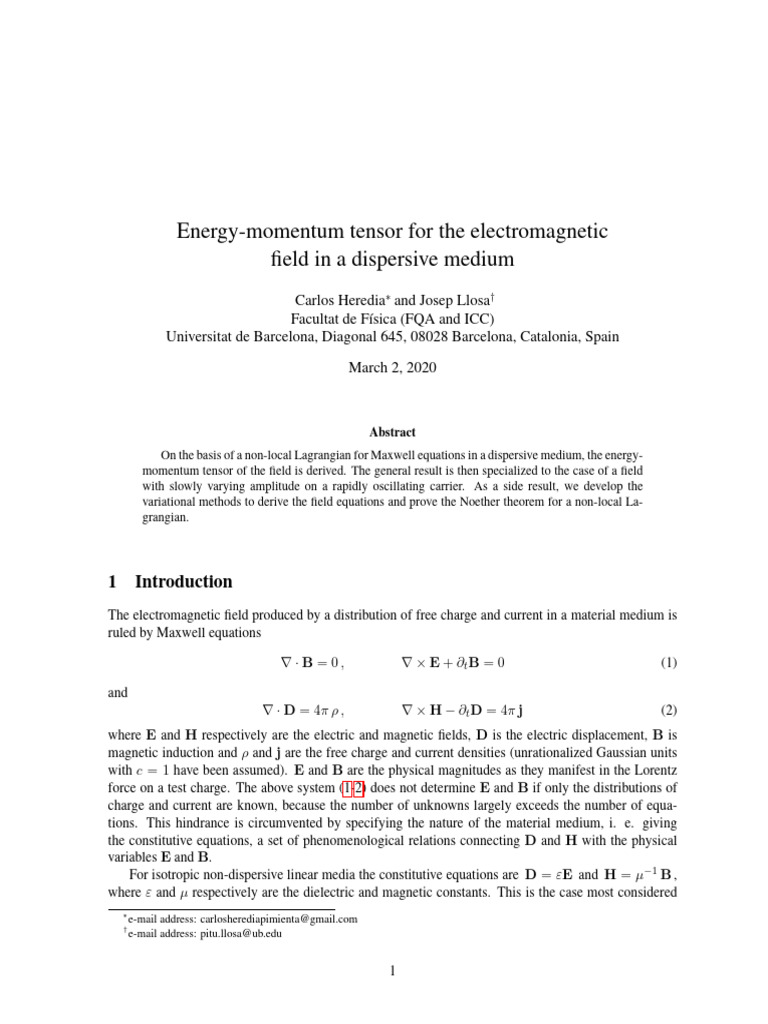 Energy-Momentum Tensor For The Electromagnetic Fie | PDF | Noether's ...