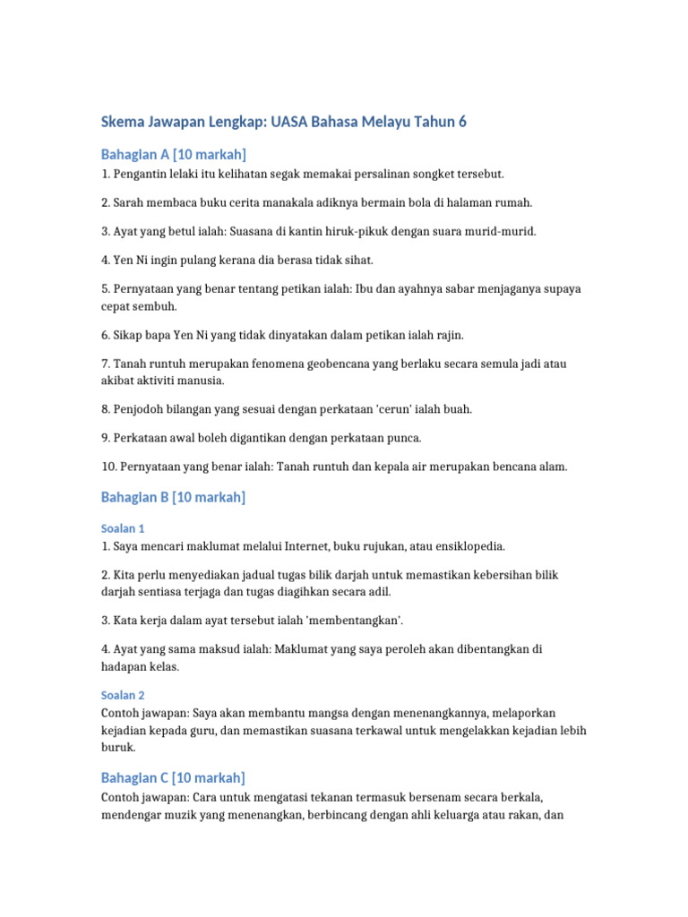 Skema Jawapan Lengkap Uasa Bm Tahun 6 Pdf