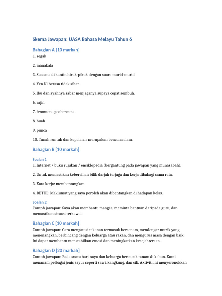 Skema Jawapan UASA BM Tahun 6 | PDF