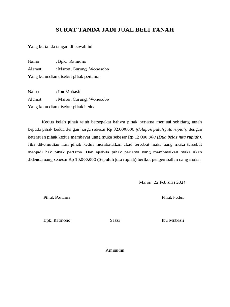 Surat Tanda Jadi Jual Beli Tanah | PDF