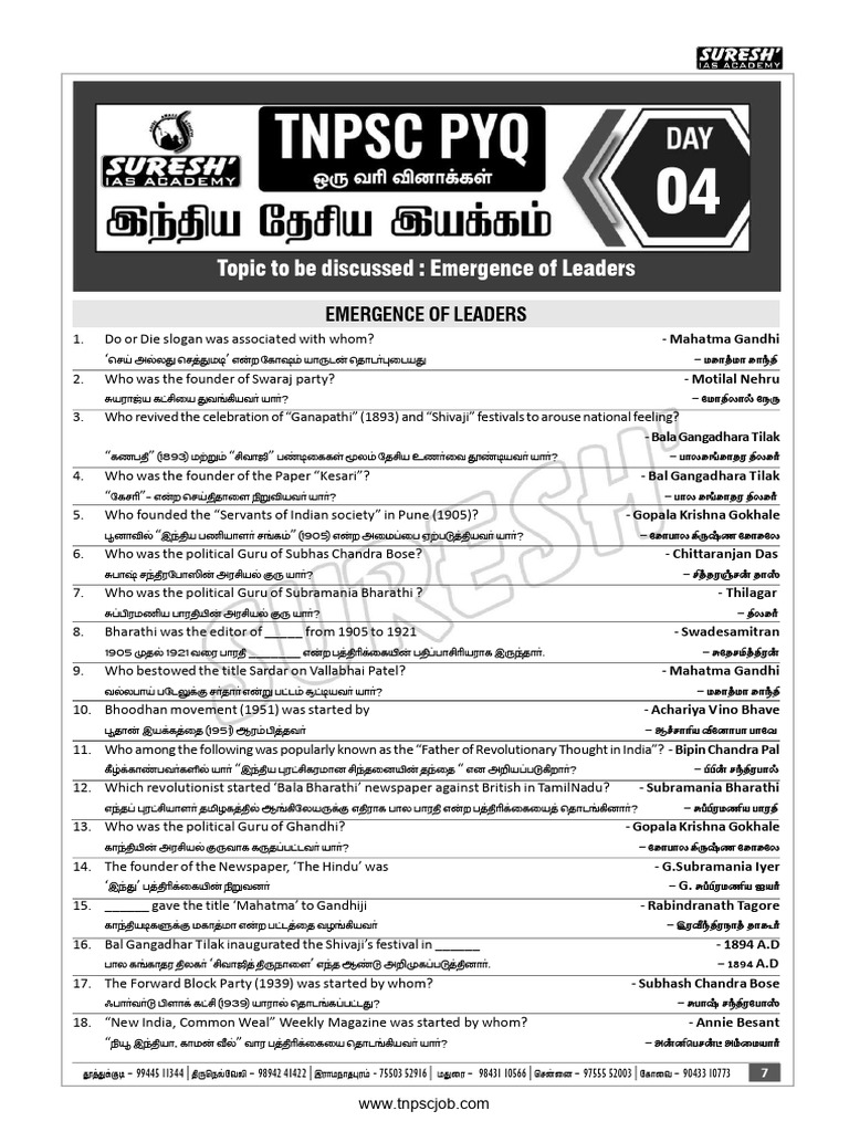 TNPSC PYQ Indian National Movement One Liner 7 8 | PDF | Resistance To ...