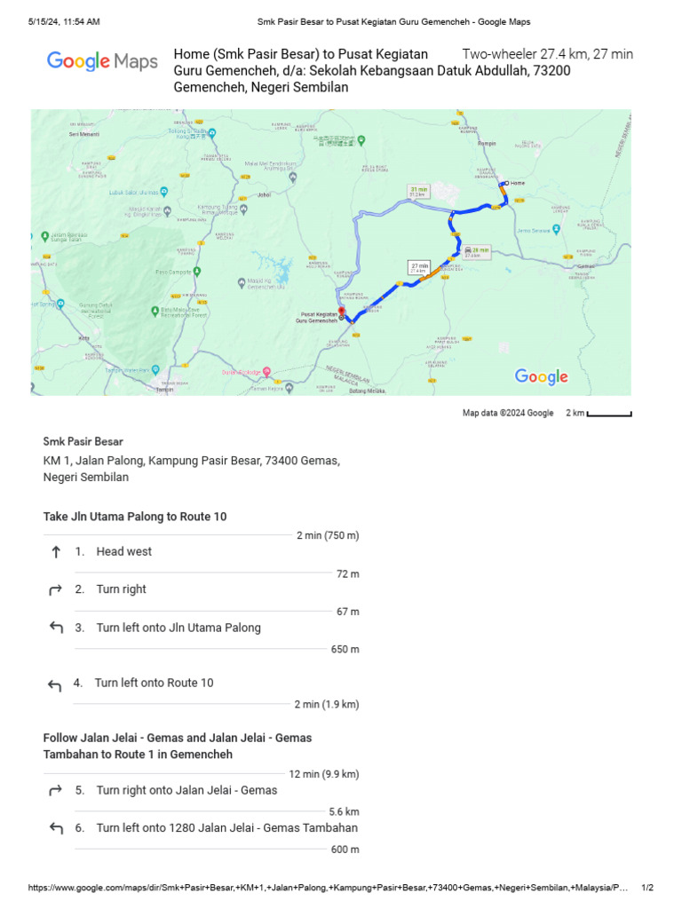 SMK Pasir Besar To Pusat Kegiatan Guru Gemencheh - Google Maps | PDF