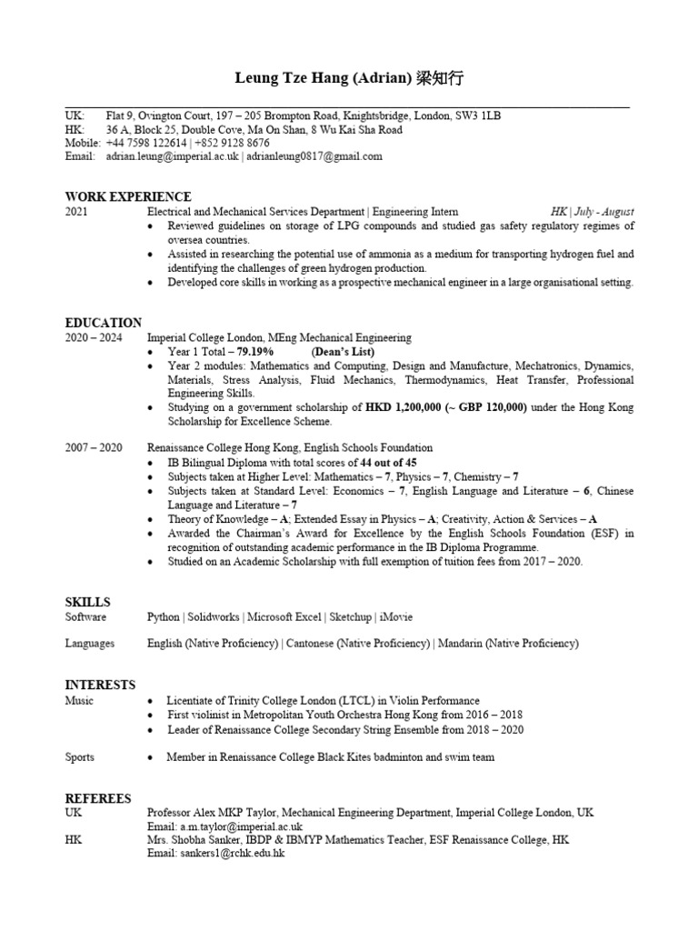 CV_Leung Tze Hang | PDF