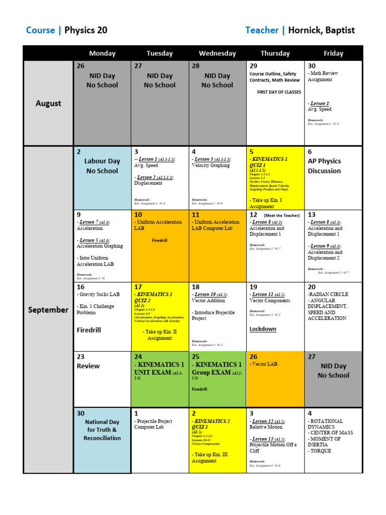 Physics 20 Course Schedule Overview | PDF | Kinematics | Acceleration