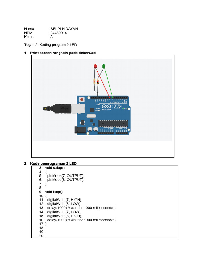 Coding Untuk Menghidupkan 2 Lampu Led Di Arduino Dengan Thinkercad Pdf 9492