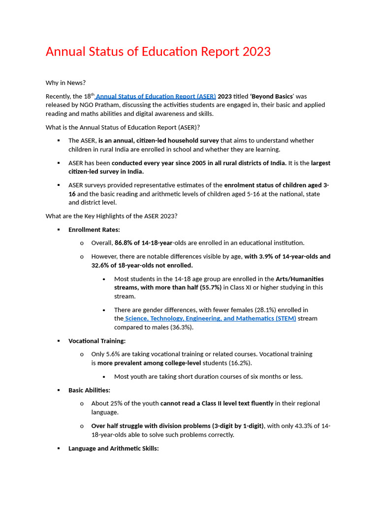 Annual Status of Education Report 2023 | PDF | Literacy