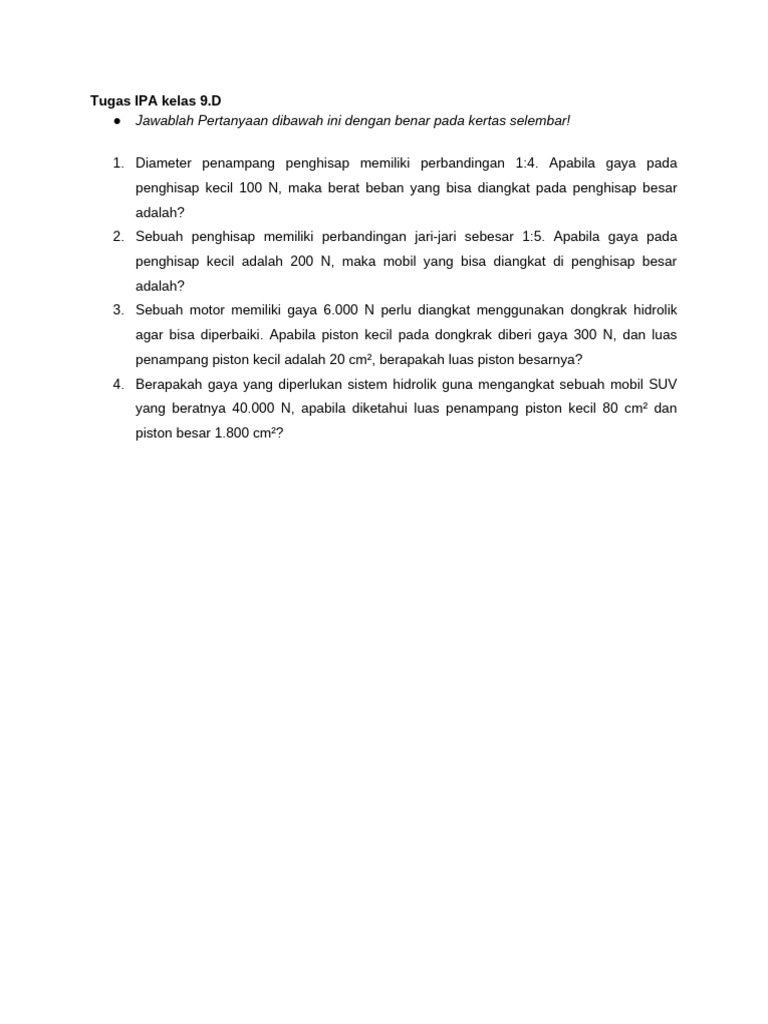Soal Hidrolik untuk Siswa Kelas 9 | PDF | Bisnis | Teknologi & Rekayasa