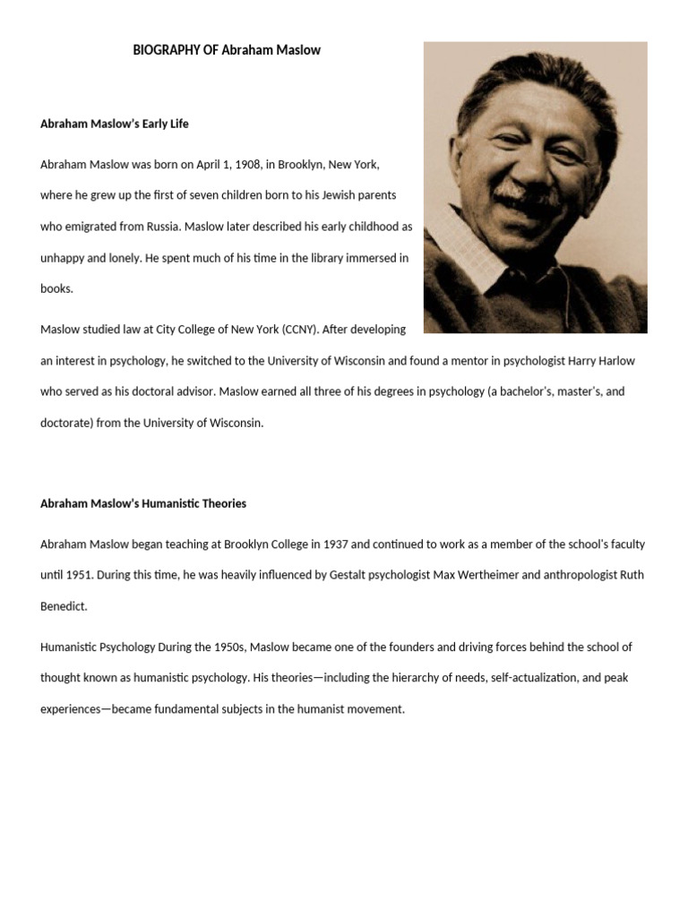 BIOGRAPHY OF Abraham Maslow | PDF | Self Actualization | Humanistic Psychology