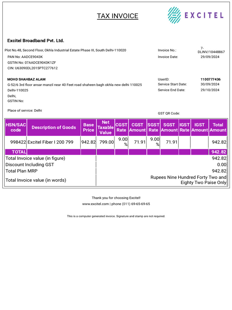 Tax Invoice: Excitel Broadband Pvt. LTD | PDF | Economy Of India | Sales