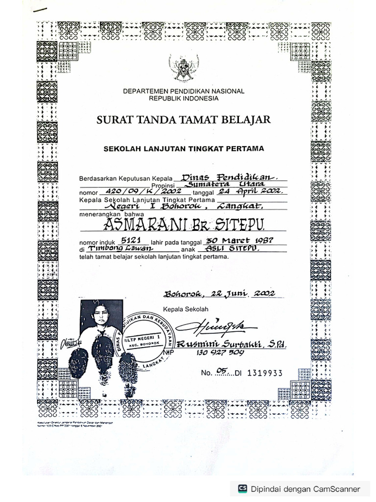 Ijazah SMP Asma - Asmarani Sitepu | PDF