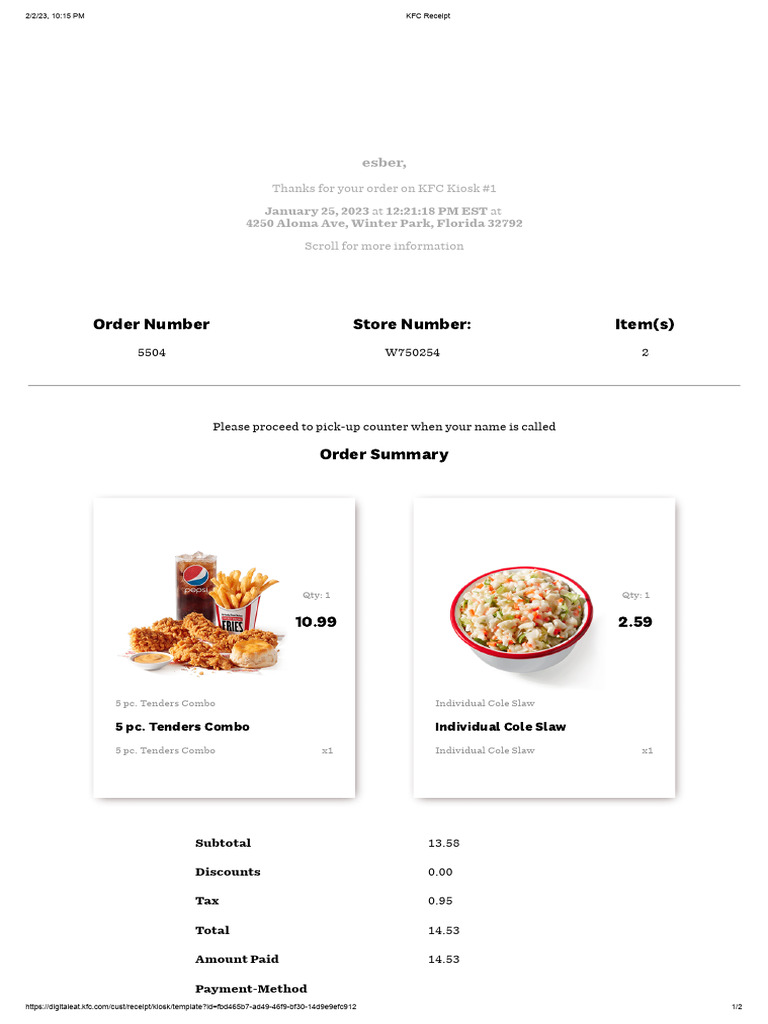 KFC Receipt | PDF | Banking Technology | Payments