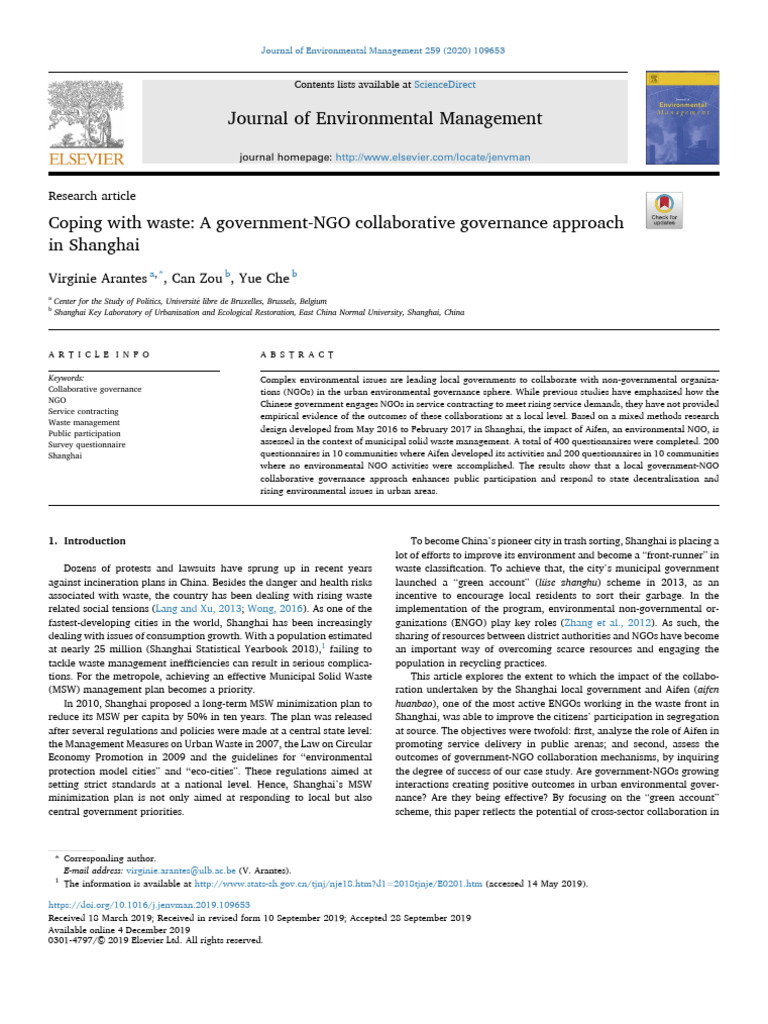 Journal of Environmental Management: Virginie Arantes, Can Zou, Yue Che ...