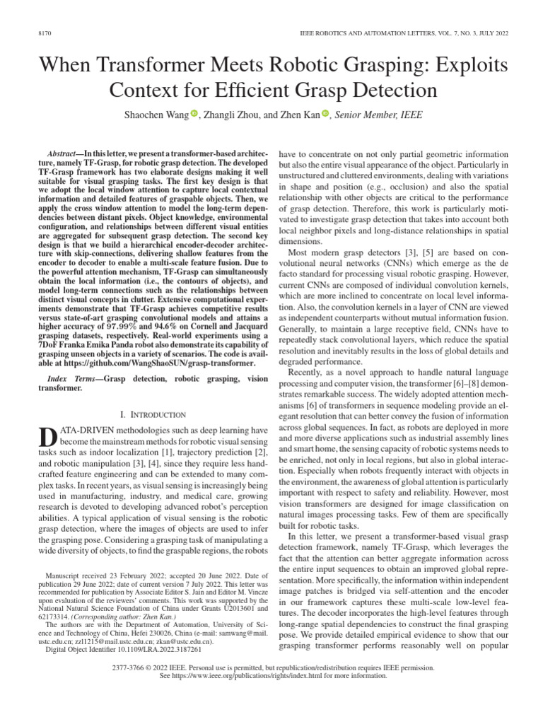 When Transformer Meets Robotic Grasping Exploits Context For Efficient Grasp Detection | PDF ...