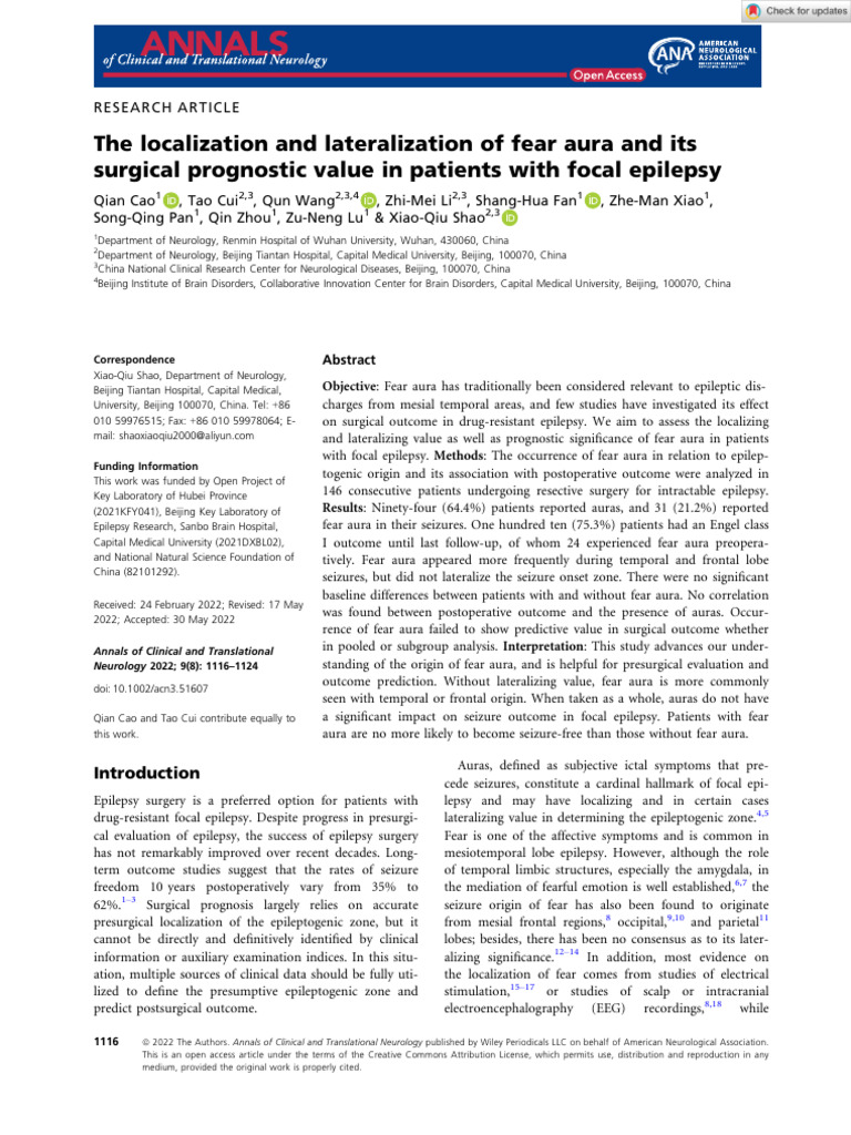 Ann Clin Transl Neurol - 2022 - Cao - The Localization and Lateralization of Fear Aura and Its ...