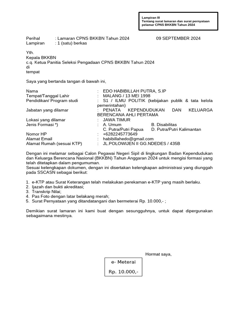 Lampiran III - Surat Lamaran & Surat Pernyataan | PDF | Pengelolaan Keuangan & Uang | Ilmu Sosial