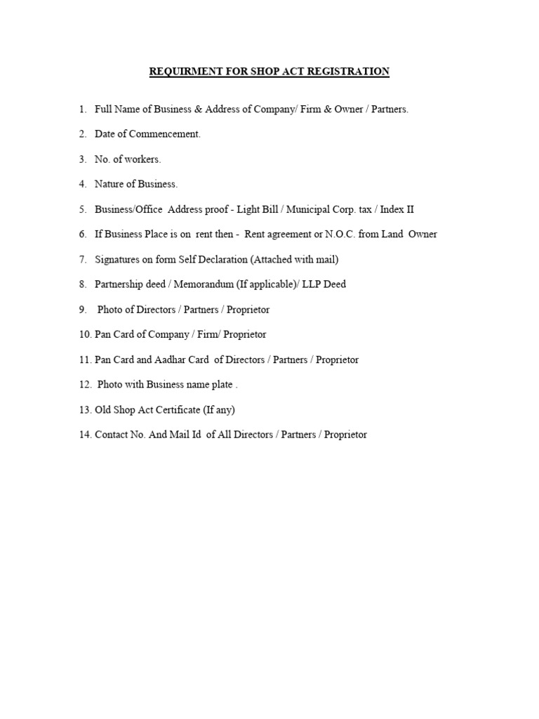 Requirment For Shop Act Registration | PDF